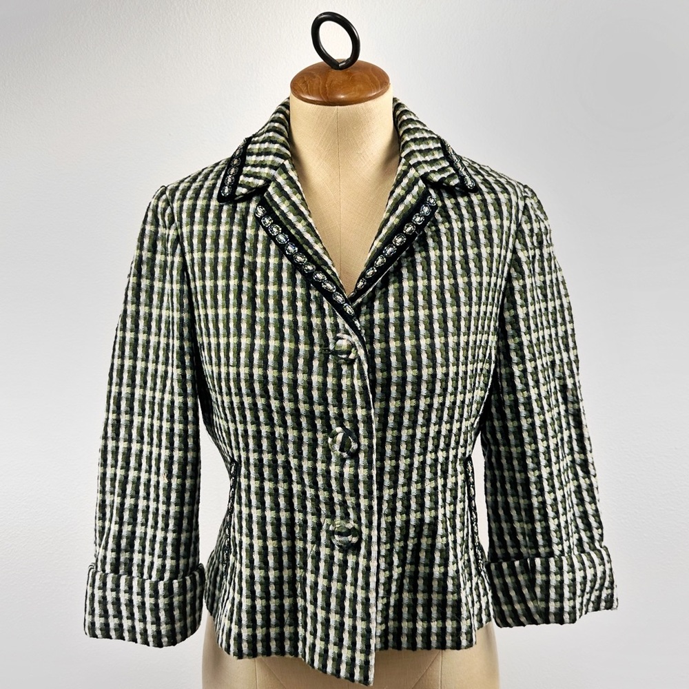 Nine West Plaid Tweed Blazer Wool Blend Beaded Size 6… - Gem